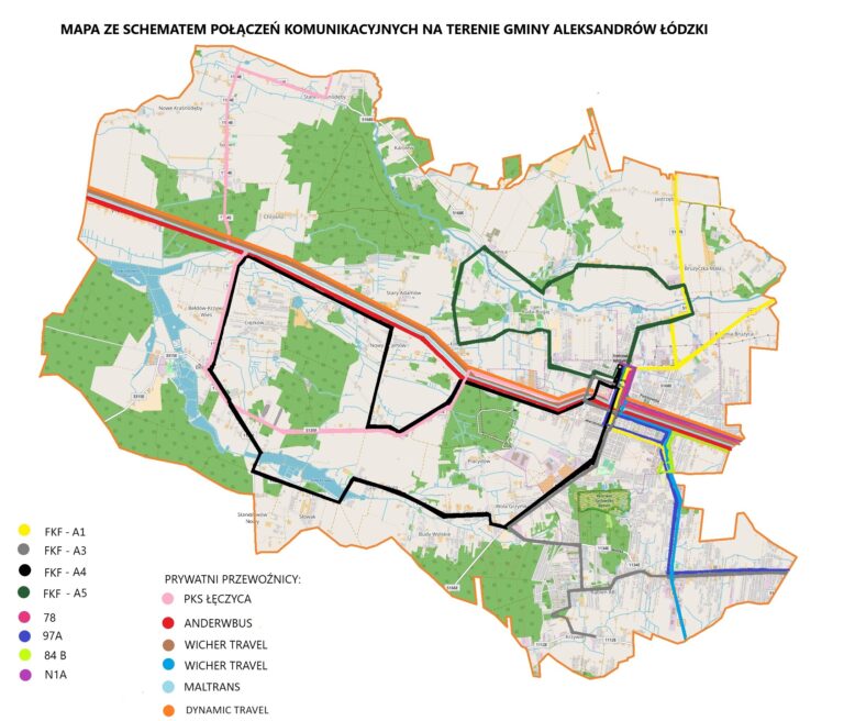 Mapa ze schematem linii komunikacyjnych na terenie gminy Aleksandrów ...